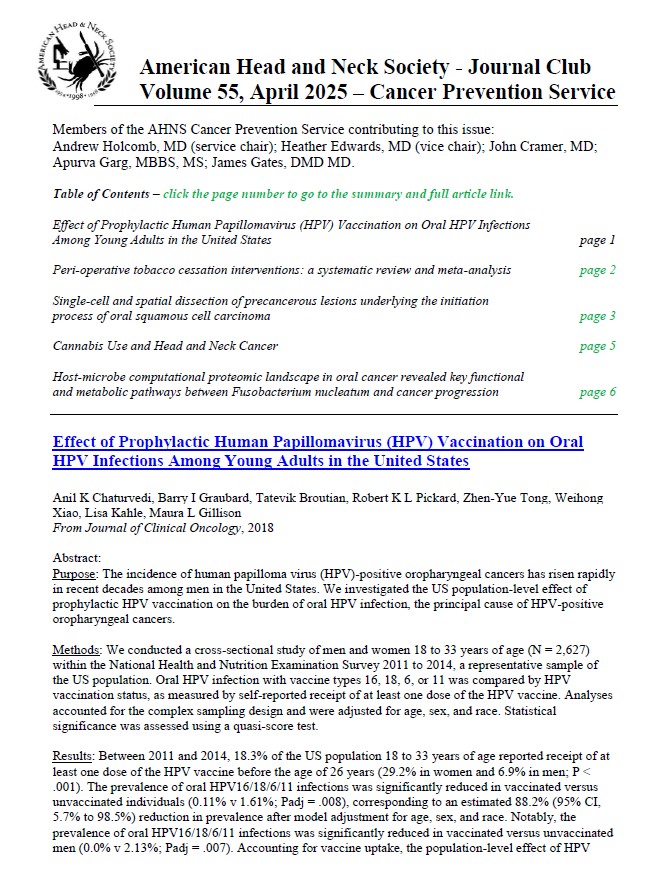 April 2025 AHNS Journal Club - Cancer Prevention Issue - American Head ...